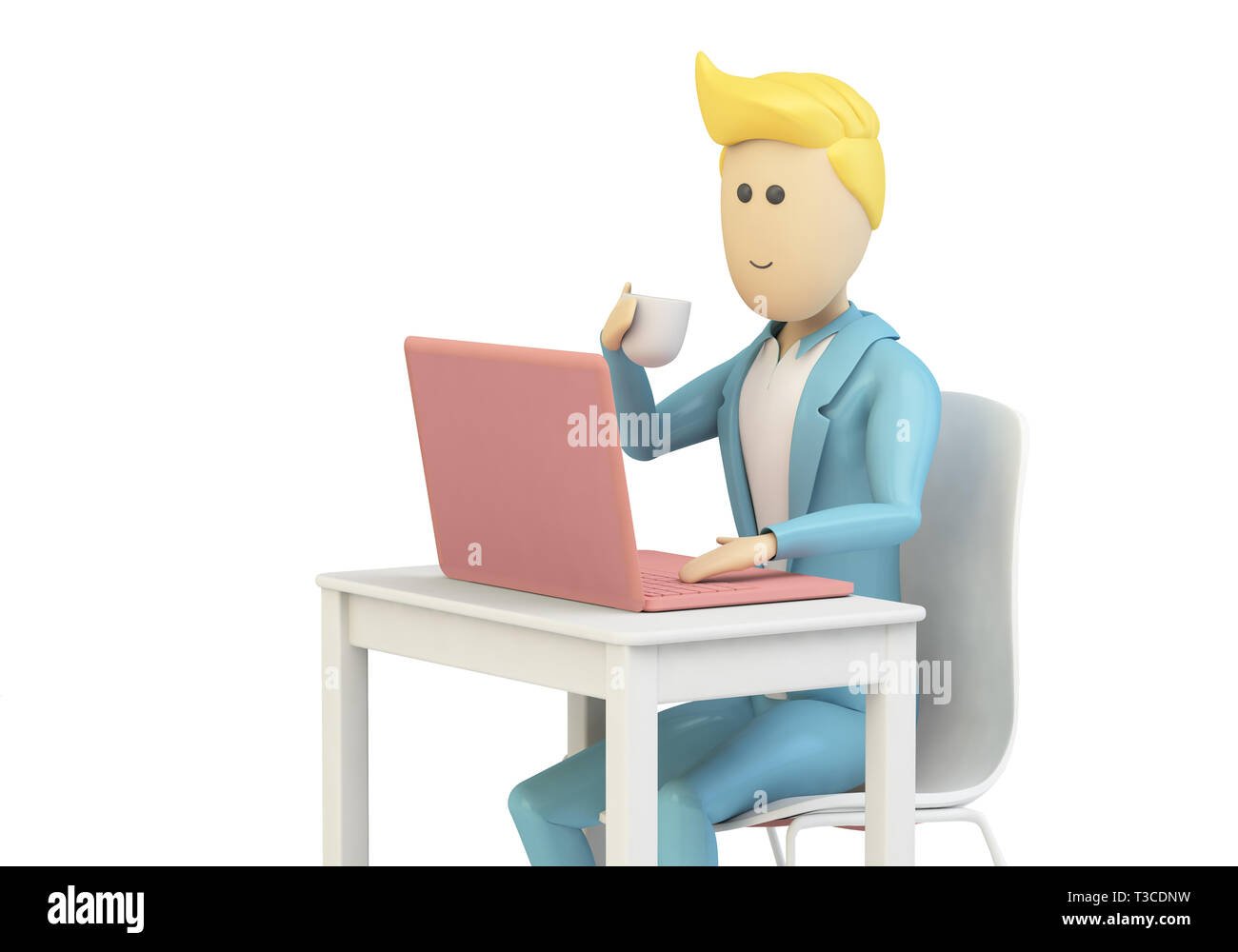 isolated male cartoon character using laptop on workspace 3d rendering ...
