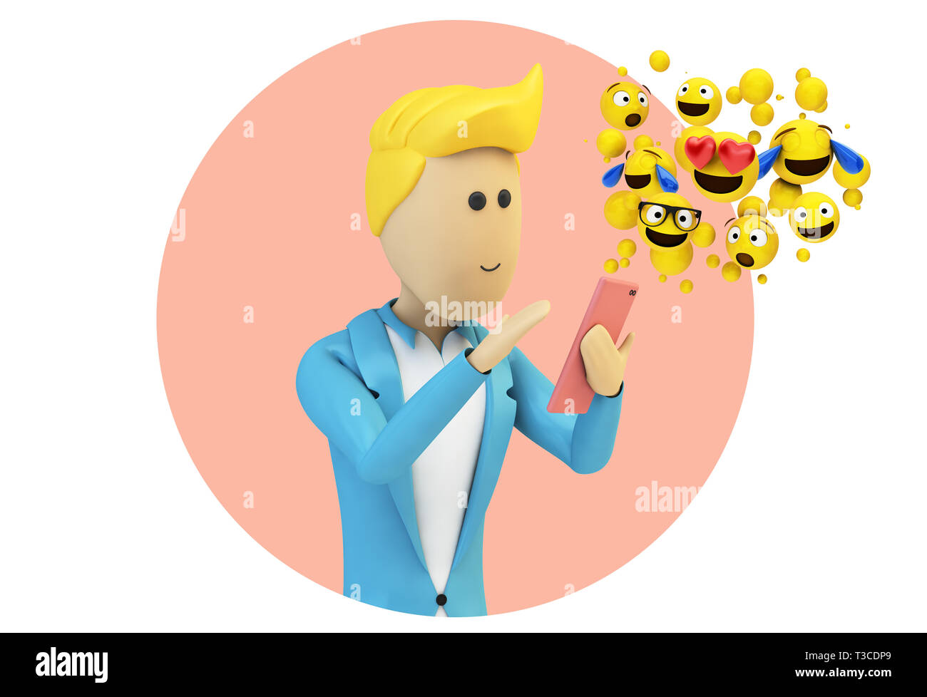 Male cartoon with blue suit character sending emojis isolated 3d ...