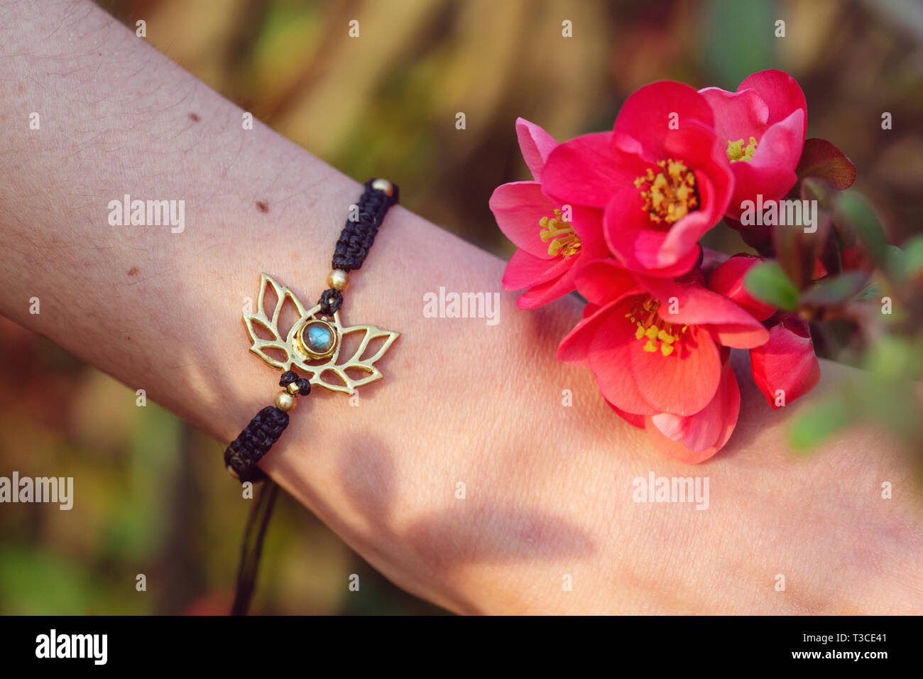 Lotus metal component labradorite stone bracelet on female wrist Stock ...