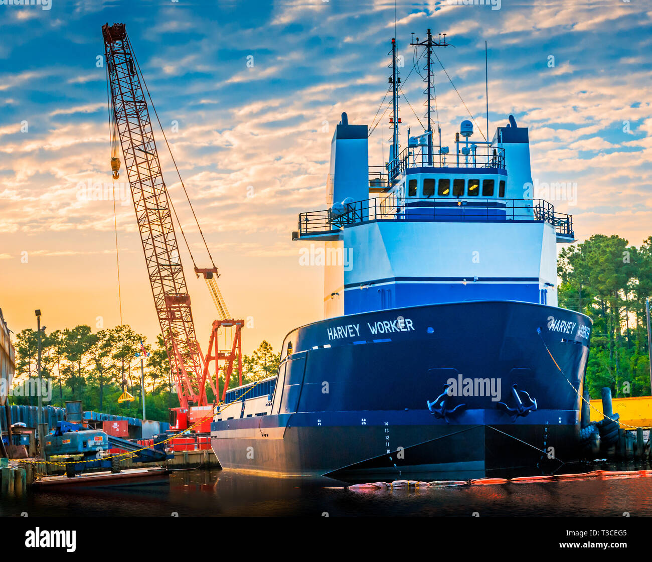 The Harvey Worker, an offshore supply vessel, is moored in Coden ...