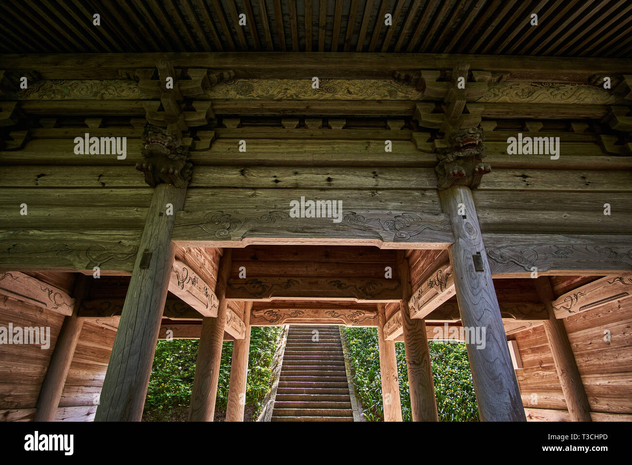 Sanmon (main temple gate) of Tainei-ji Temple, with stone steps leading ...