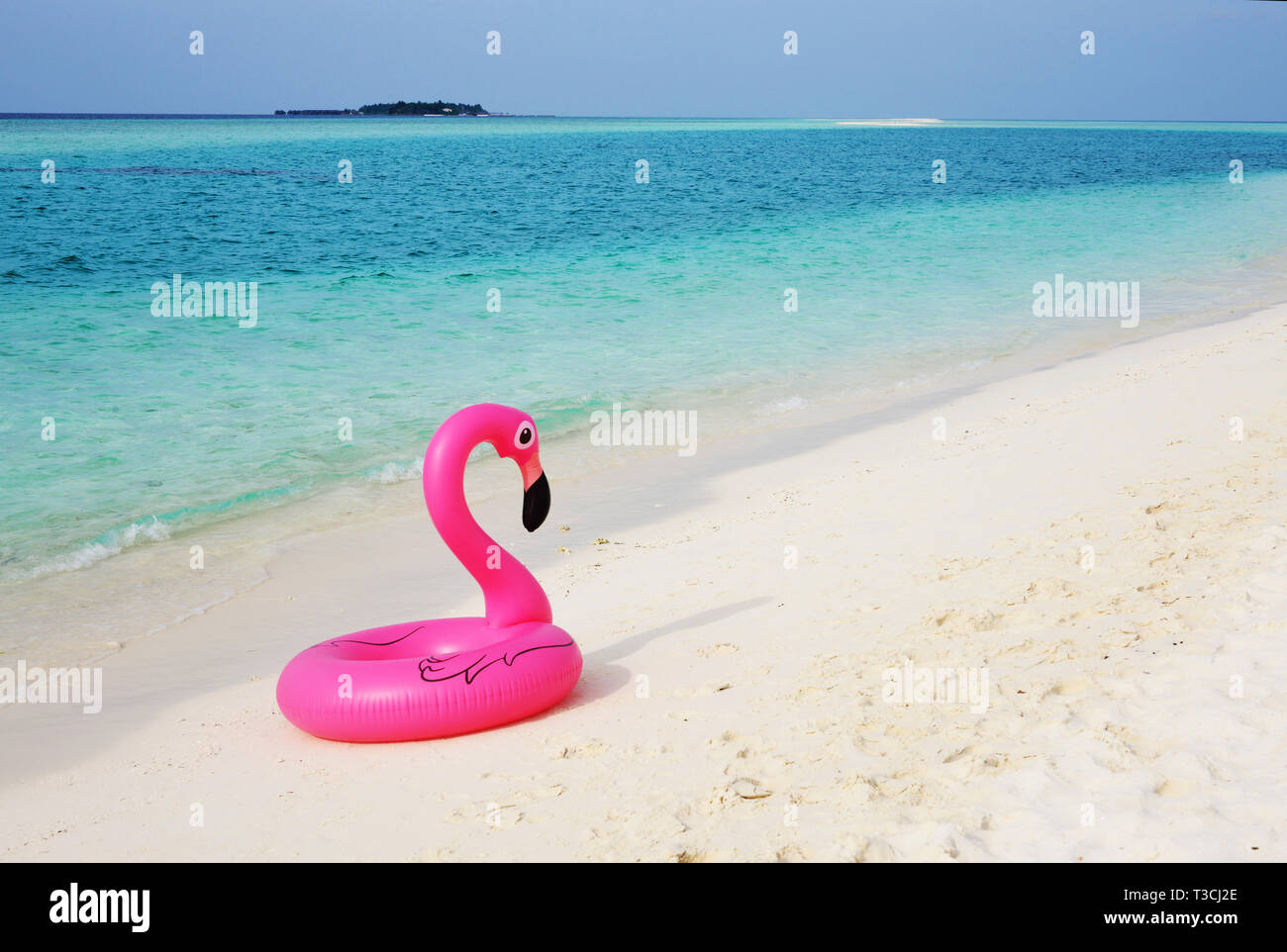 Maldives turquoise water and inflatable flamingo Stock Photo - Alamy