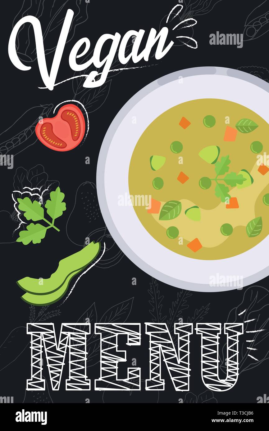 Vegan menu concept. Vegan food with ingredients in flat style. Menu ...