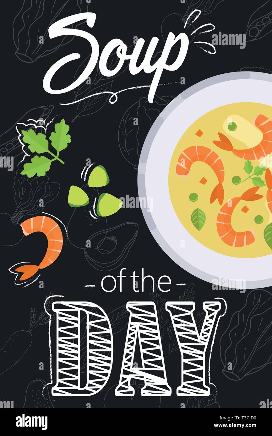 Soup of the day menu concept. Soup with ingredients in flat style. Menu ...