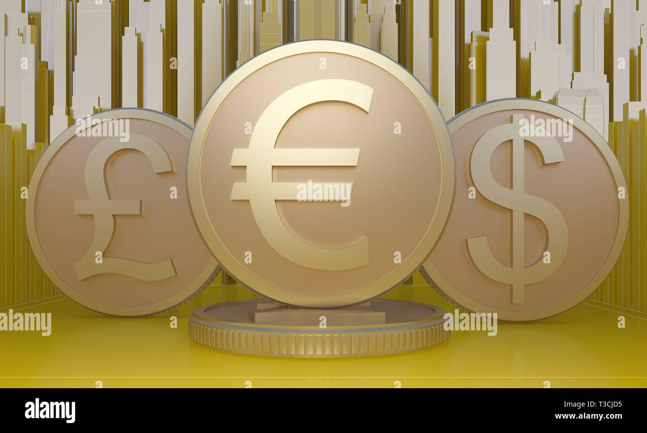 coins with symbols of 3 main currencies. 3d rendering Stock Photo - Alamy