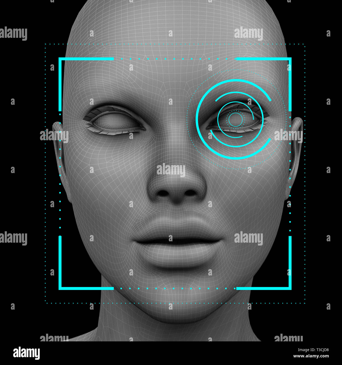 faceless female face on a black background recognizing. 3d rendering ...
