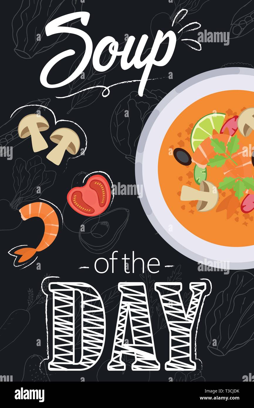 Soup of the day menu concept. Soup with ingredients in flat style. Menu ...