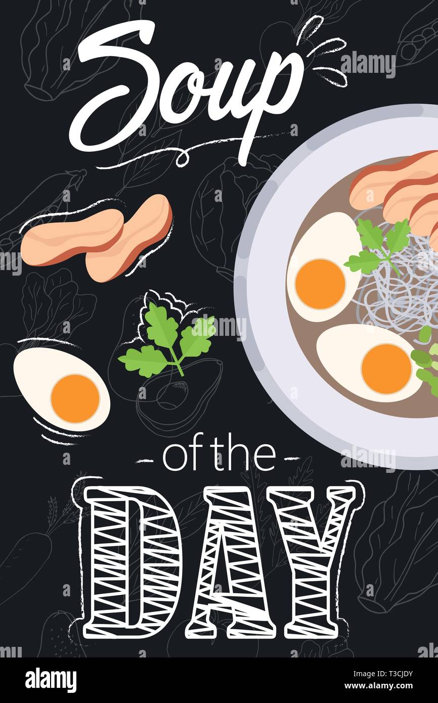 Soup of the day menu concept. Soup with ingredients in flat style. Menu ...