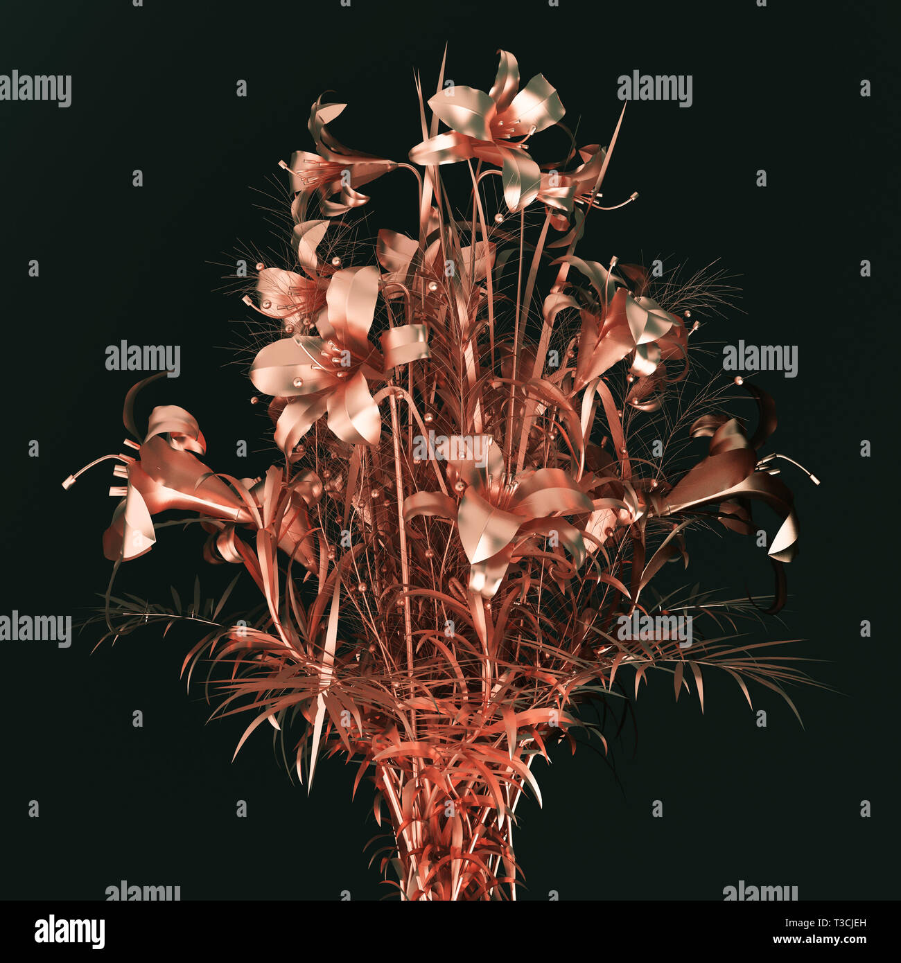 copper bouquet of flowers on a black background. 3d rendering Stock ...