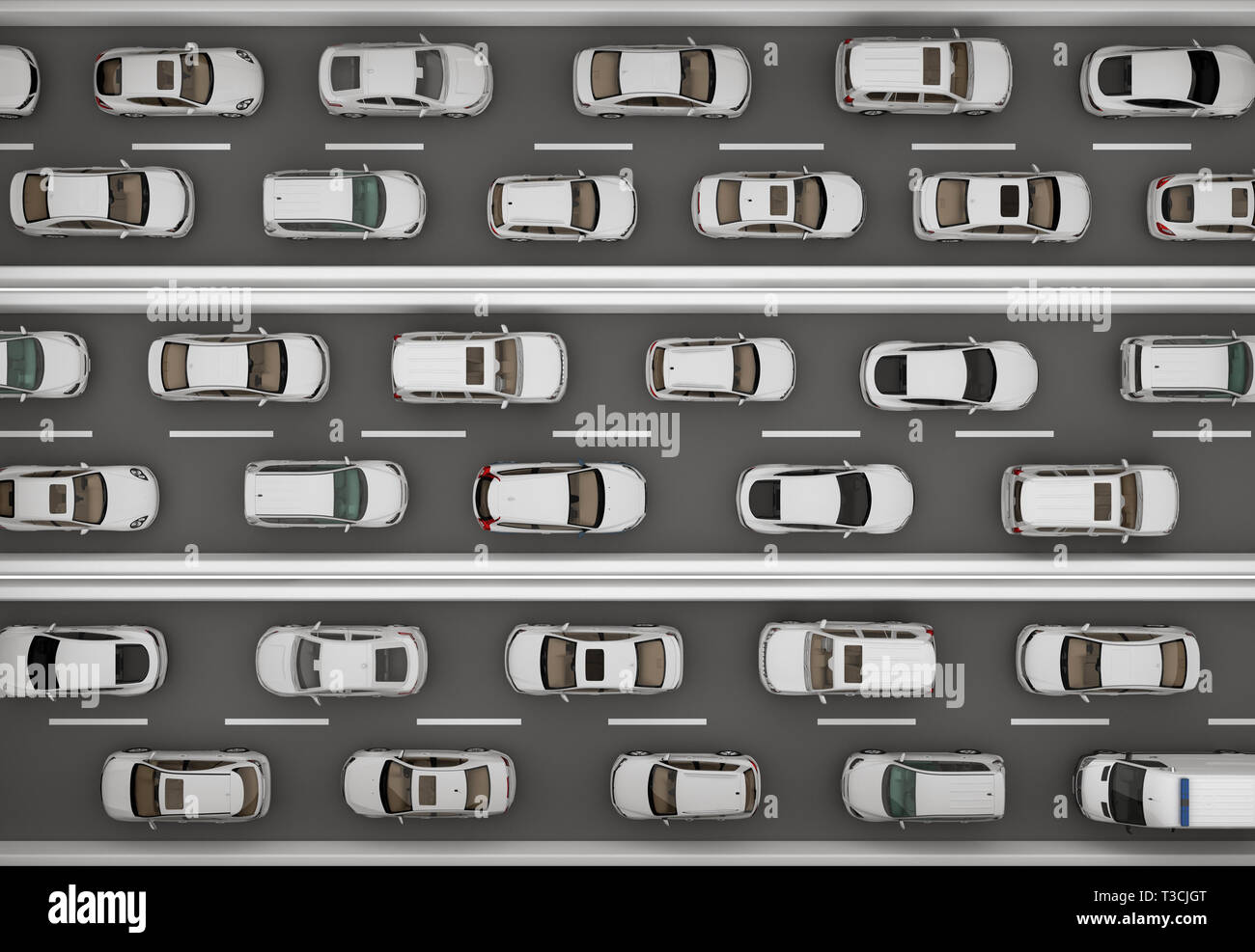 row of roads filled with white cars top view. 3d rendering Stock Photo ...