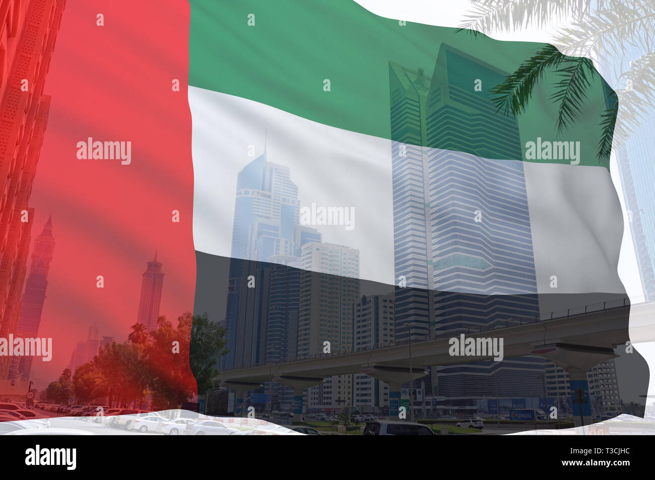background street with sky squares shines through uae flag Stock Photo ...