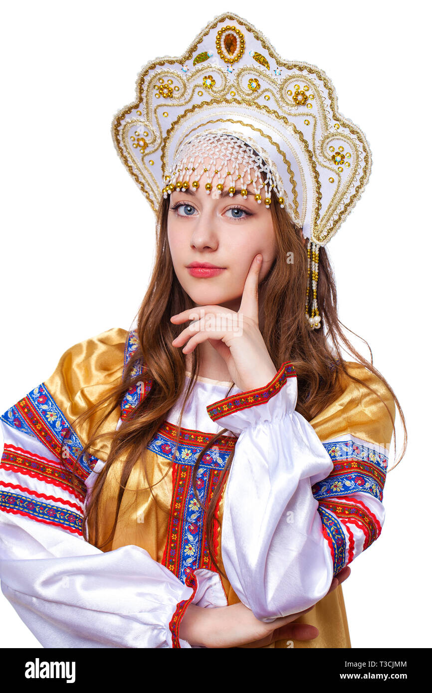 Traditional Russian Folk Costume Portrait Of A Young Beautiful Girl