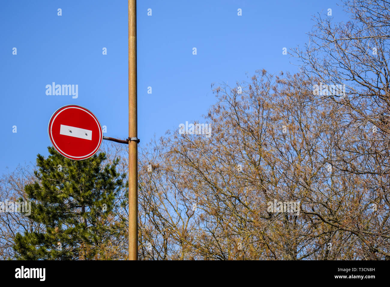 Road sign No entry against the blue sky and trees Stock Photo - Alamy