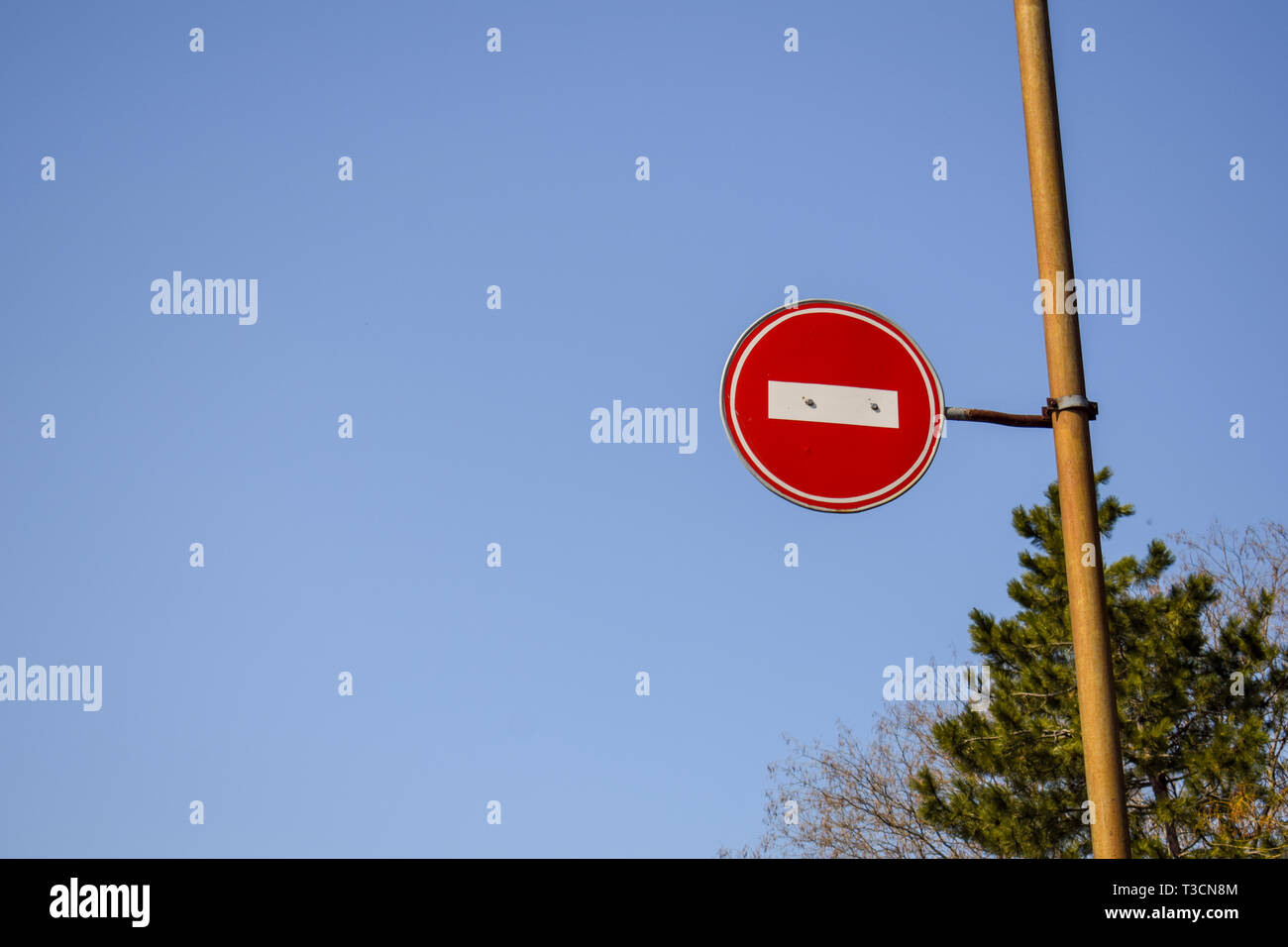 Road sign No entry against the blue sky and trees Stock Photo - Alamy