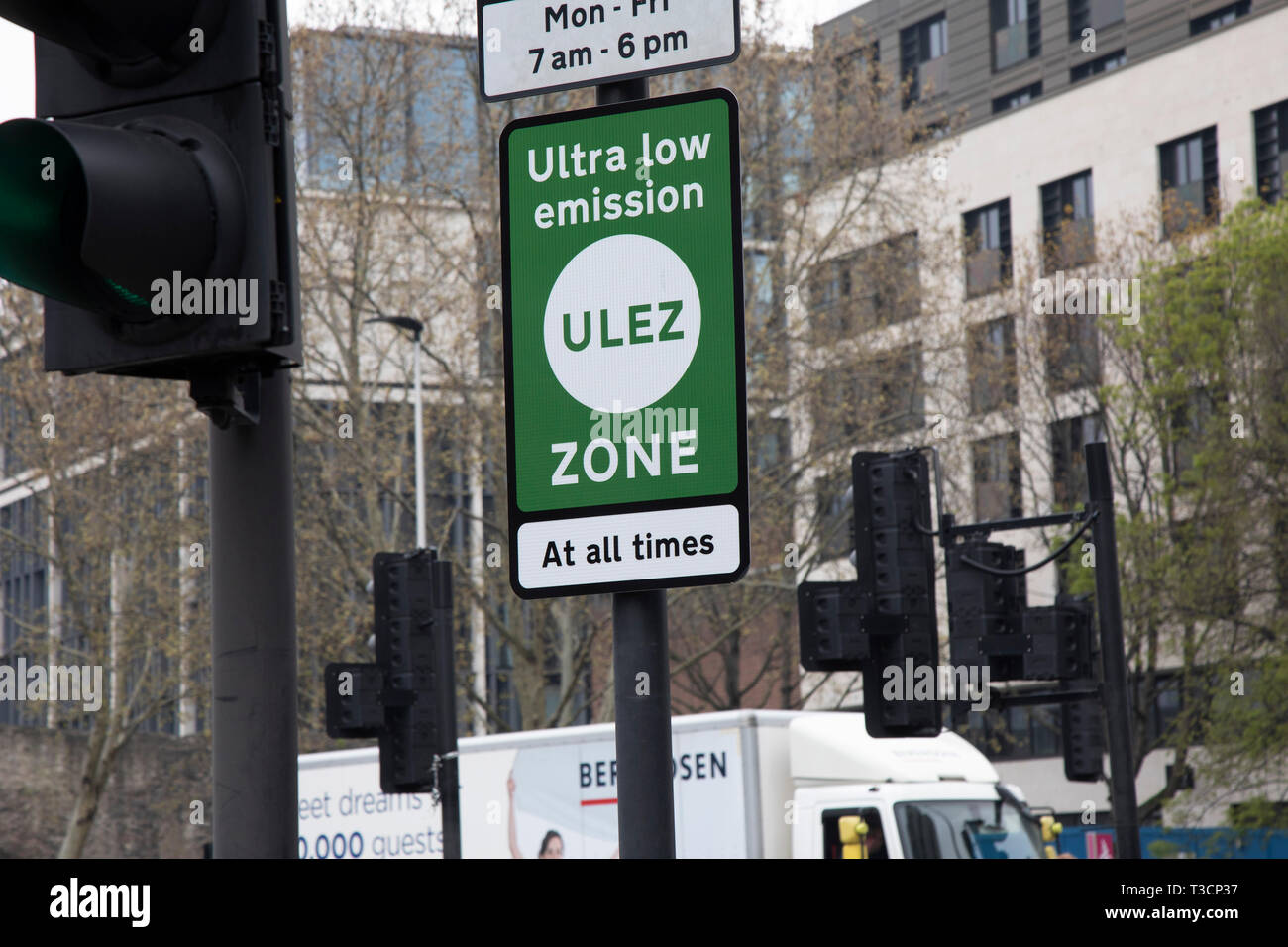 Sign for the new Ultra Low Emission Zone, also known as ULEZ on April 8 ...