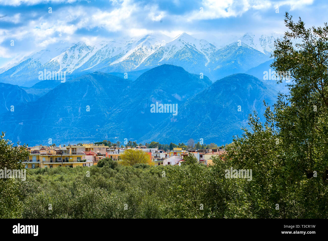 Aerial panoramic view of Sparta city with snow peaks Taygetus mountains ...