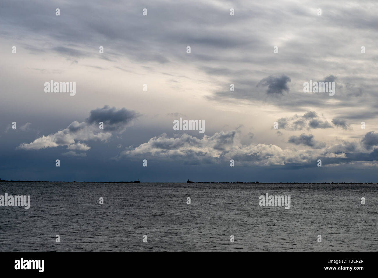 empty sea beach in autumn with lonely trees and rocks in sands ...