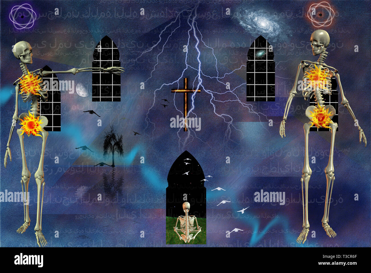 Spiritual composition with skeletons, atoms and ancient windows ...