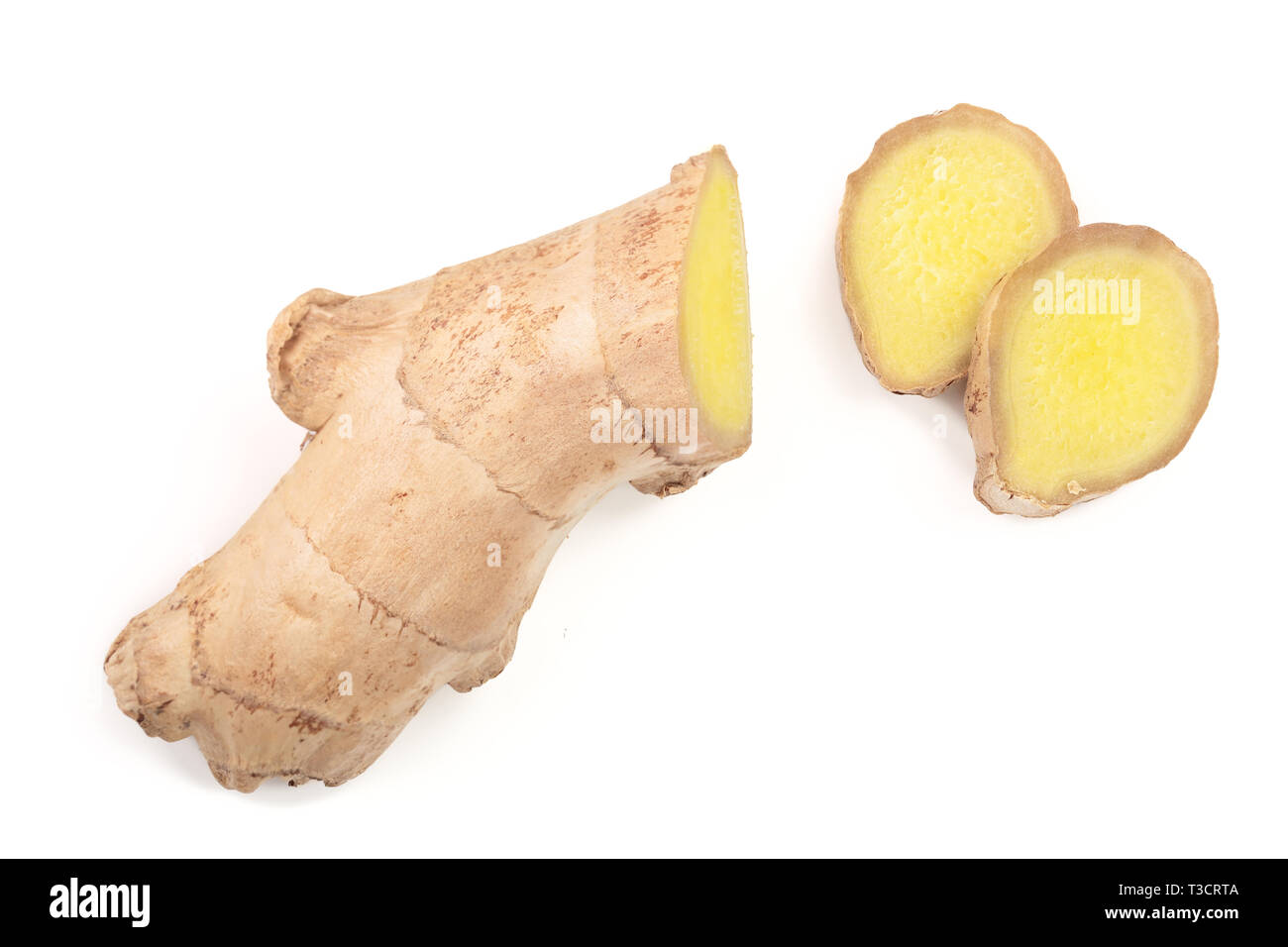 fresh Ginger root and slice isolated on white background. Top view ...