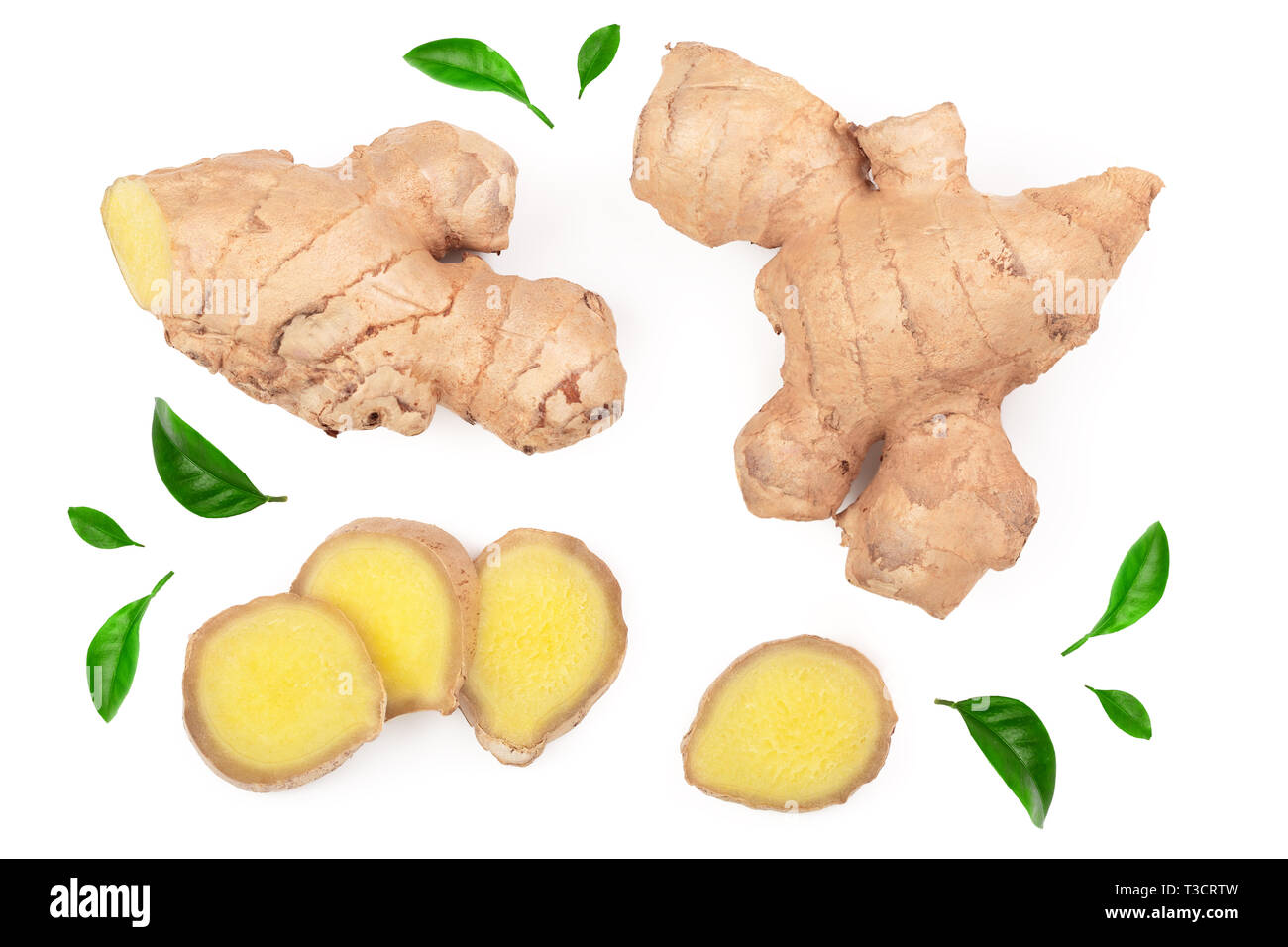 fresh Ginger root and slice isolated on white background. Top view ...