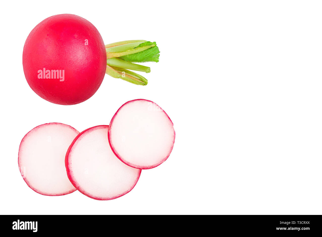 fresh whole and sliced radishes isolated on white background with copy ...