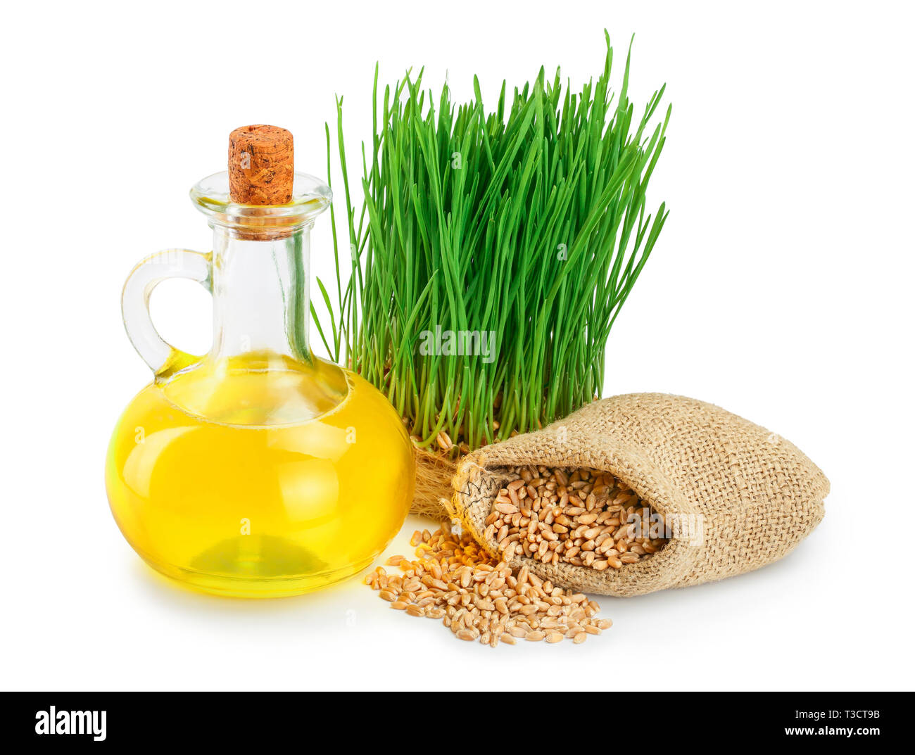 Wheat green sprouts and wheat germ oil isolated on white background ...