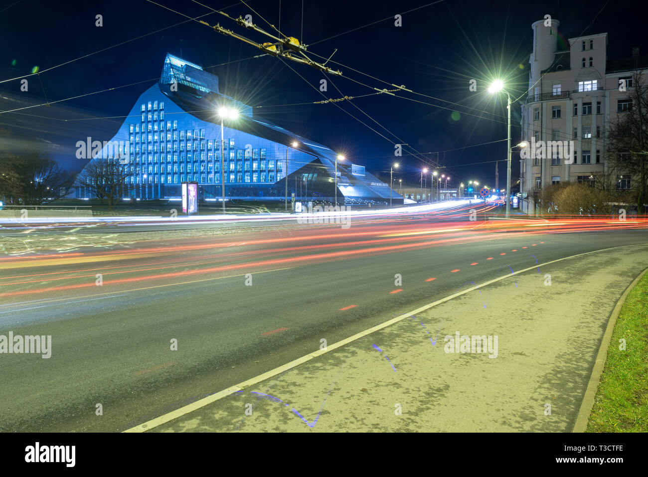night street lights in Riga, Latvia. lines from cars and bridges Stock ...