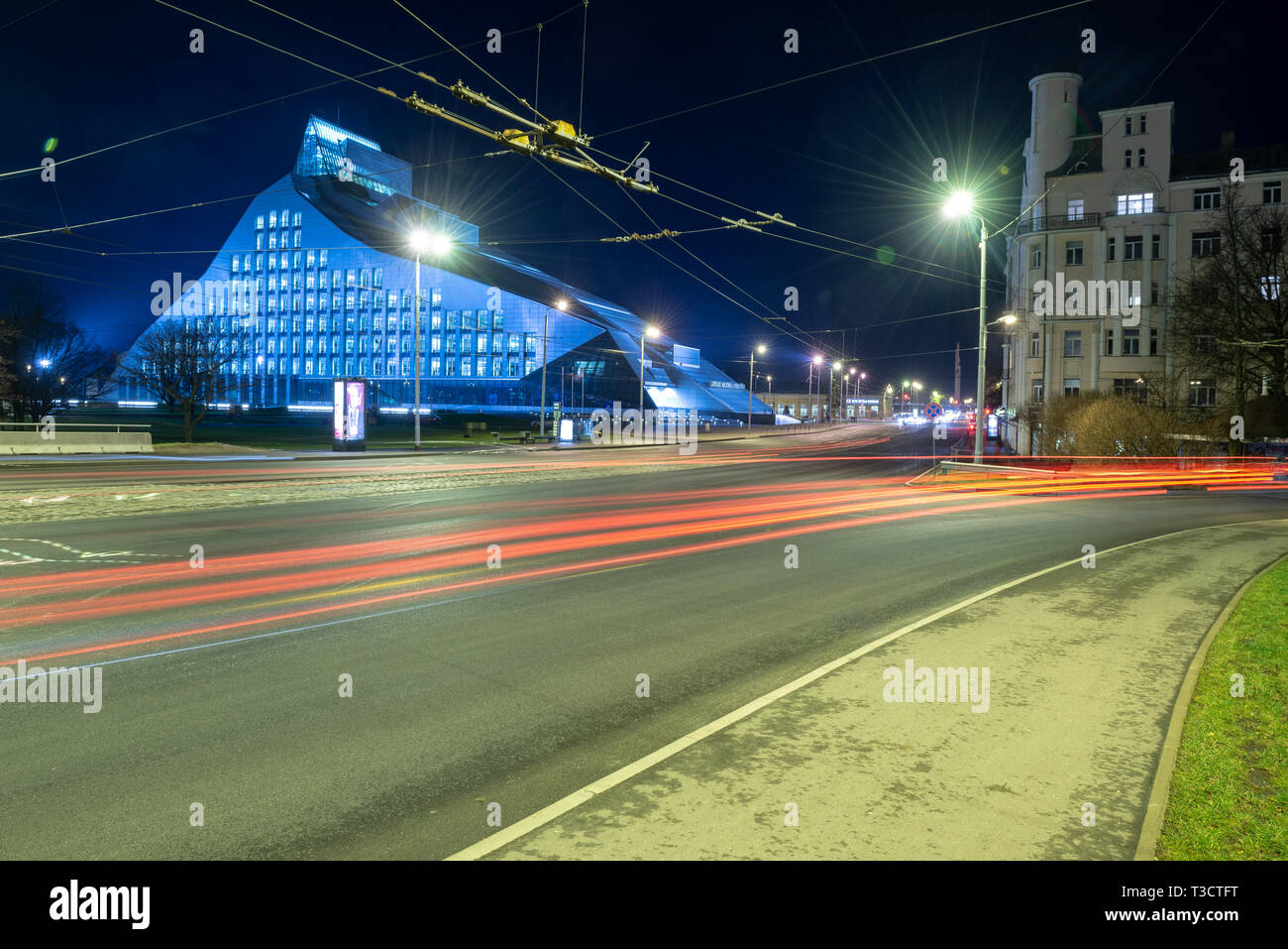 night street lights in Riga, Latvia. lines from cars and bridges Stock ...