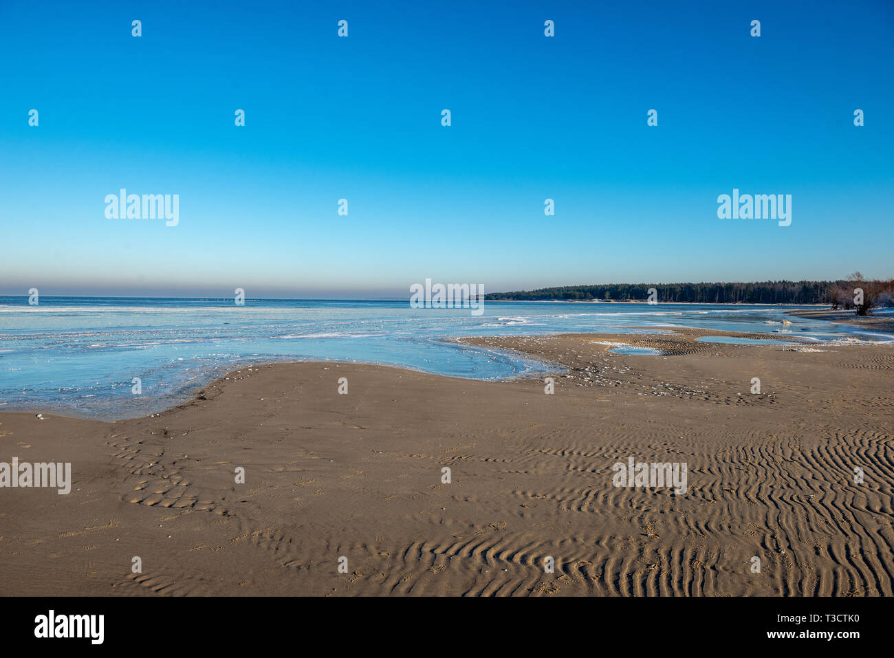 frozen sea beach in winter with low snow coverage. ice in sunny day on ...