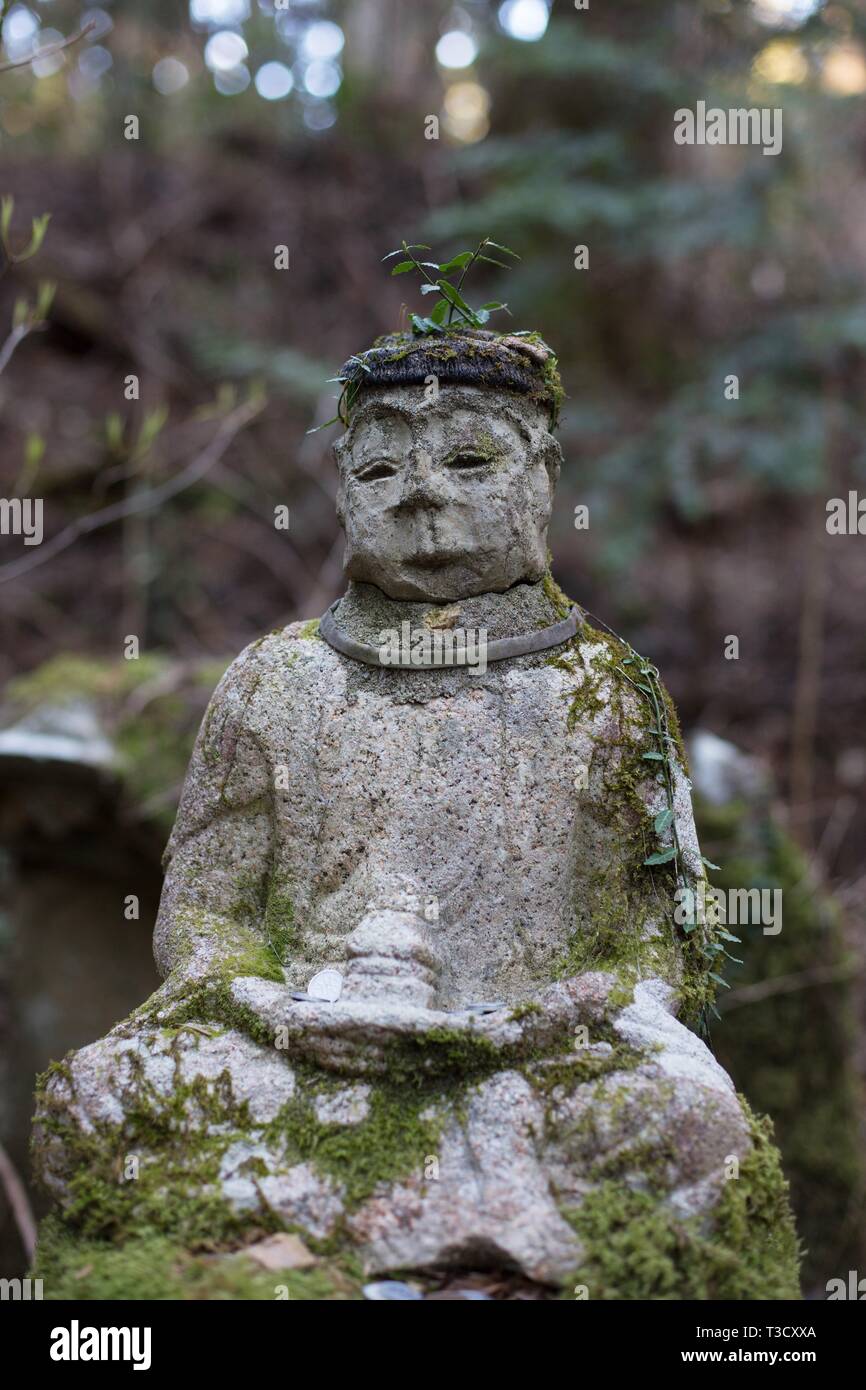 A Jizo statue with plant growing from its head at Okunoin cemetery in ...