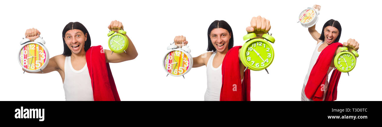 Funny man with clock isolated on white Stock Photo - Alamy
