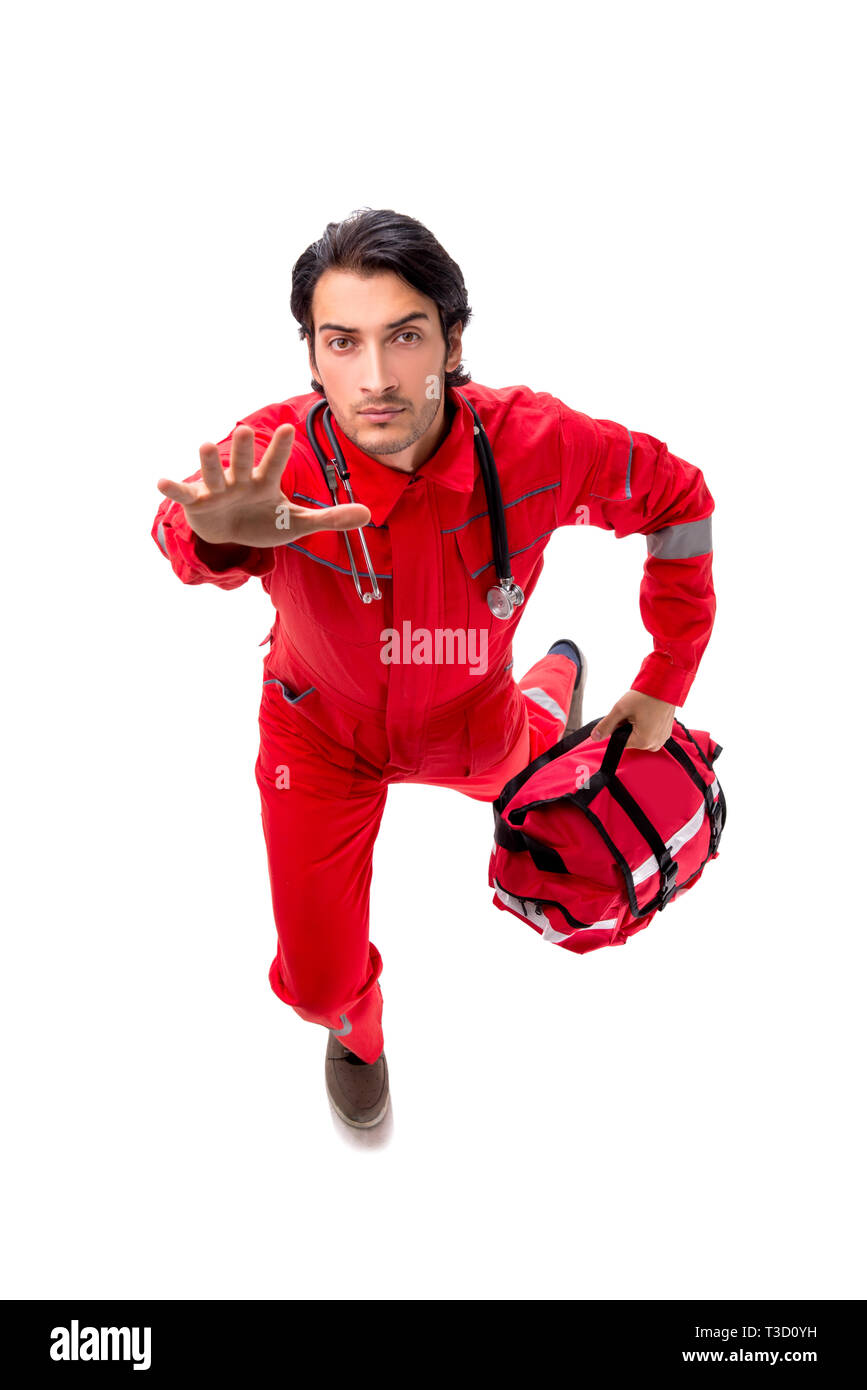 Young paramedic in red uniform isolated on white Stock Photo - Alamy