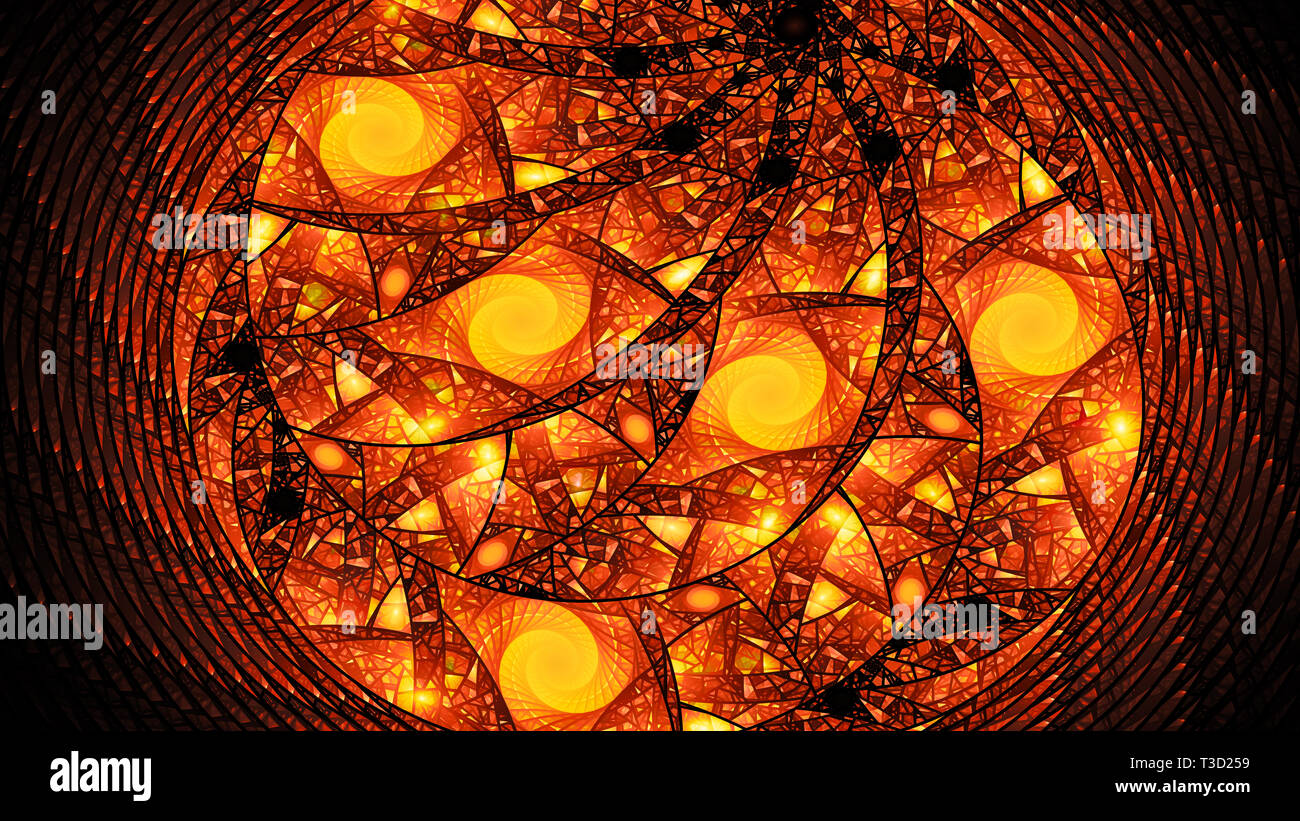 Fiery glowing circular stained glass fractal, computer generated abstract background, 3D ...