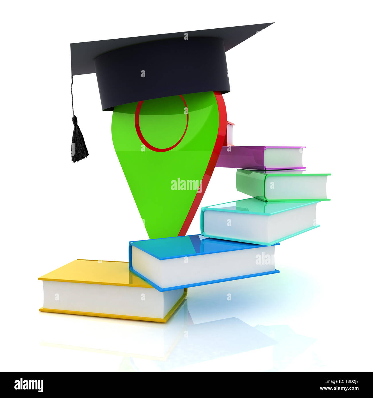 Pointer of education in graduation hat with books around. 3d ...