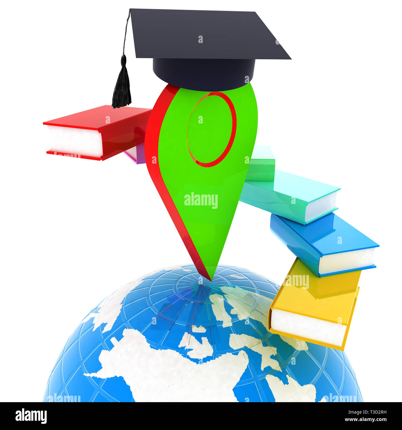 Pointer of education in graduation hat with books around and Earth. 3d ...