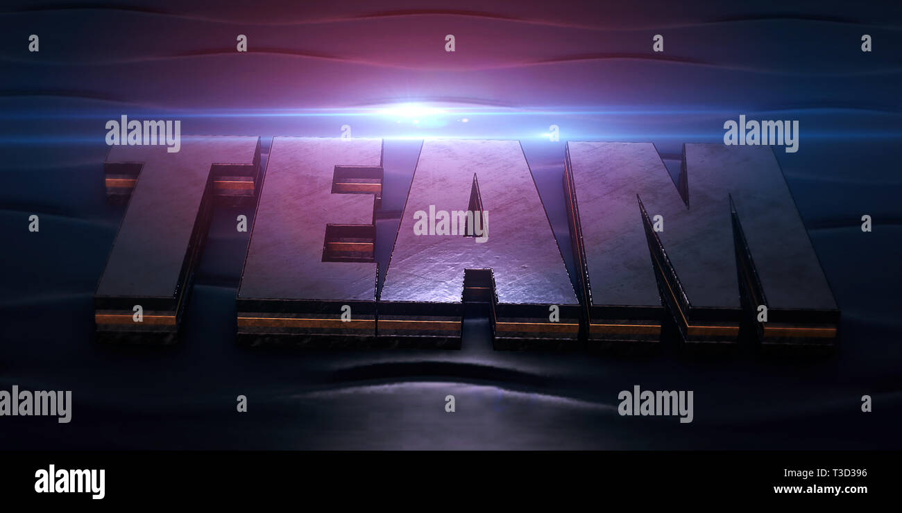 3D text team from metal texture on blue background with blue lens flare ...