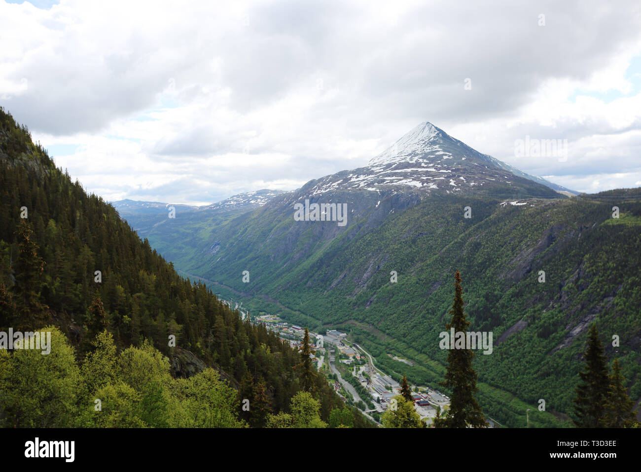 View at mountain Gaustatoppen and town Rjukan, Norway, spring landscape ...
