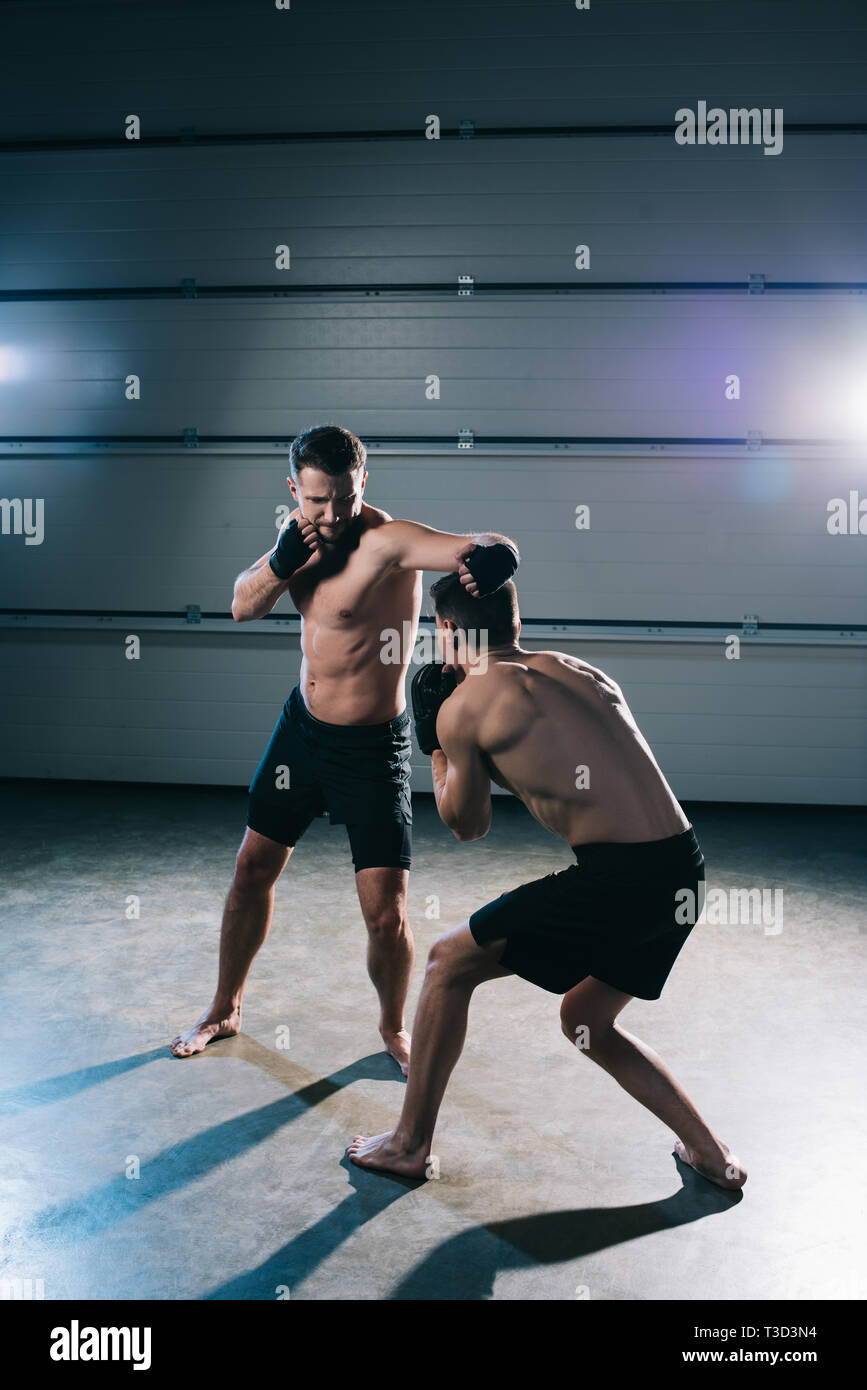 strong shirtless mma sportsmen fighting while man punching another ...