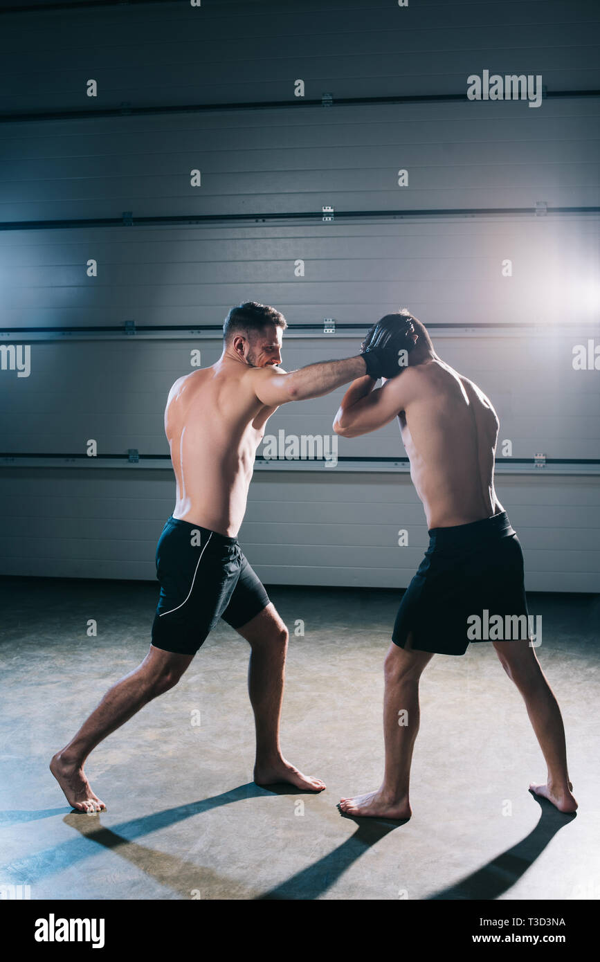 strong shirtless mma fighter punching another in head Stock Photo - Alamy