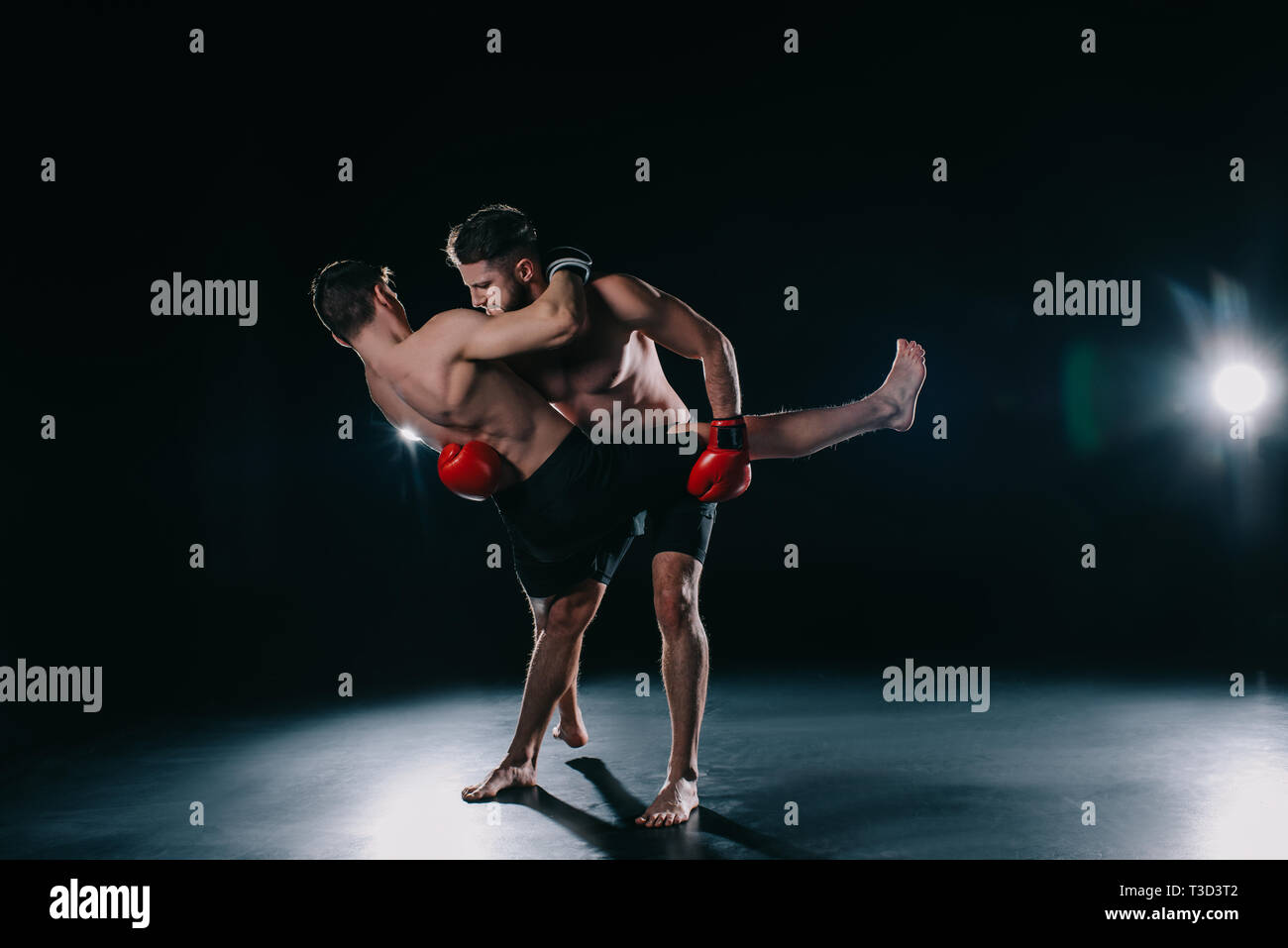 strong muscular mma fighter in boxing gloves clinching another Stock ...