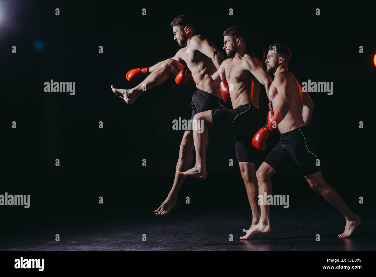 multiple exposure of strong shirtless muscular mma fighter in boxing ...