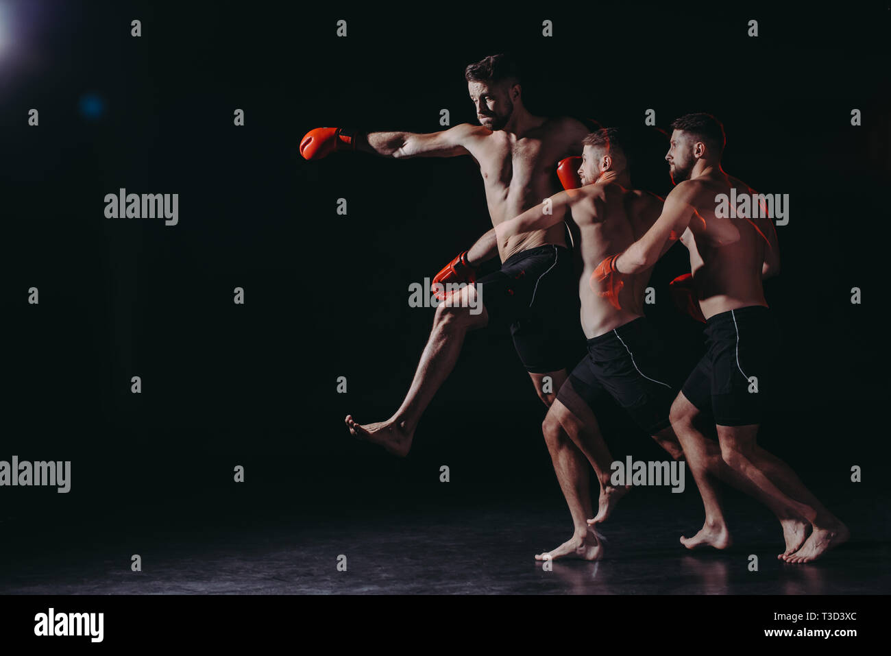 multiple exposure of strong shirtless muscular mma fighter in boxing ...