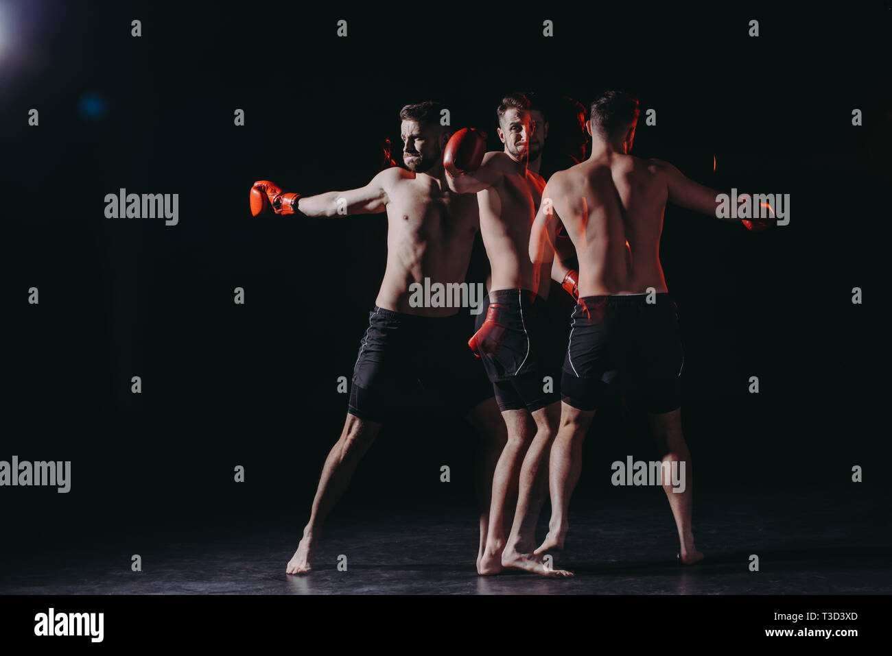 multiple exposure of strong shirtless muscular mma fighter in boxing ...