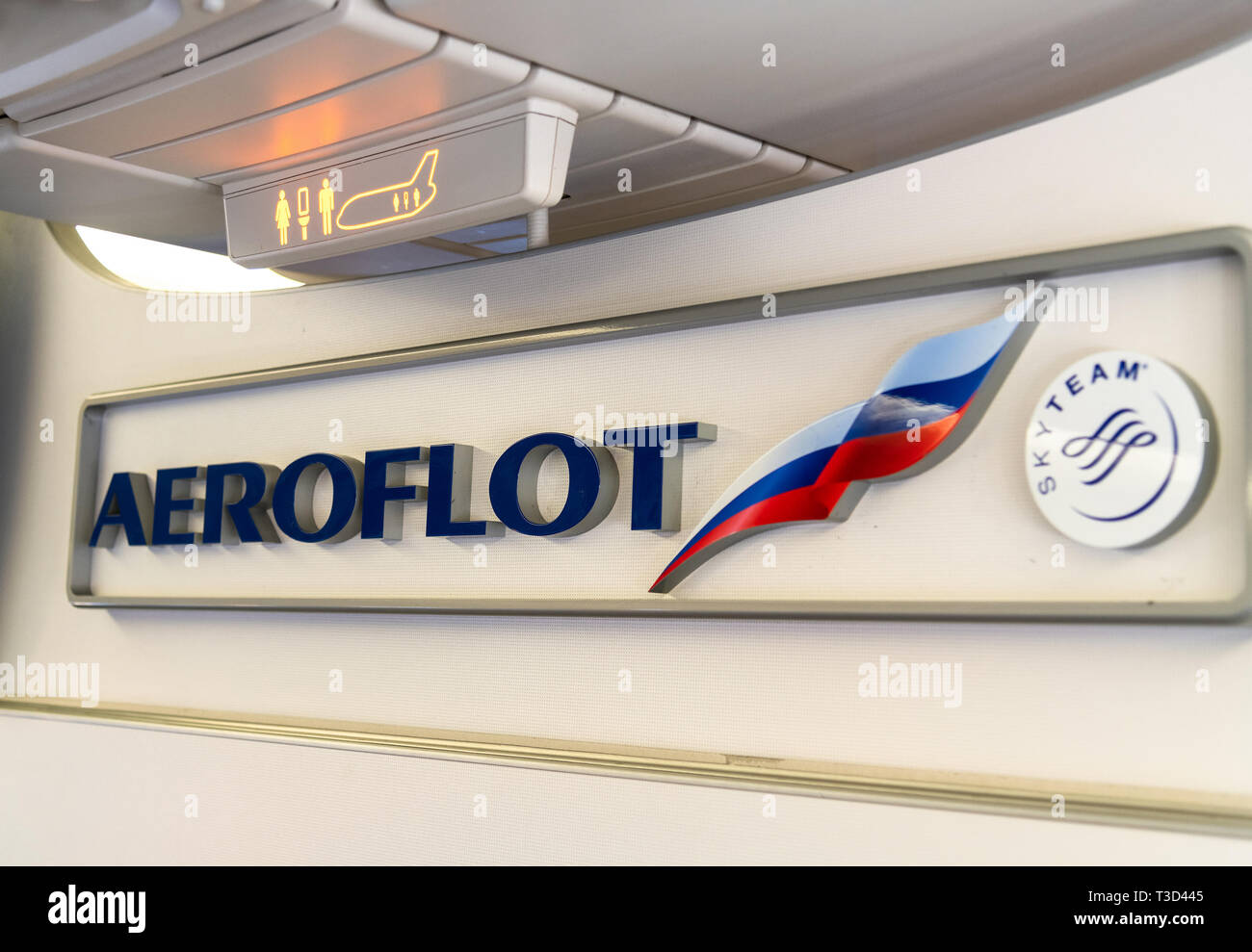 Moscow, Russia - March 27. 2019. Aeroflot airline badge and loyalty ...