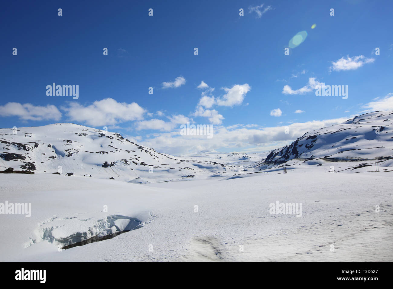 Spring valley landscape with mountains and melting snow, Norway Stock ...