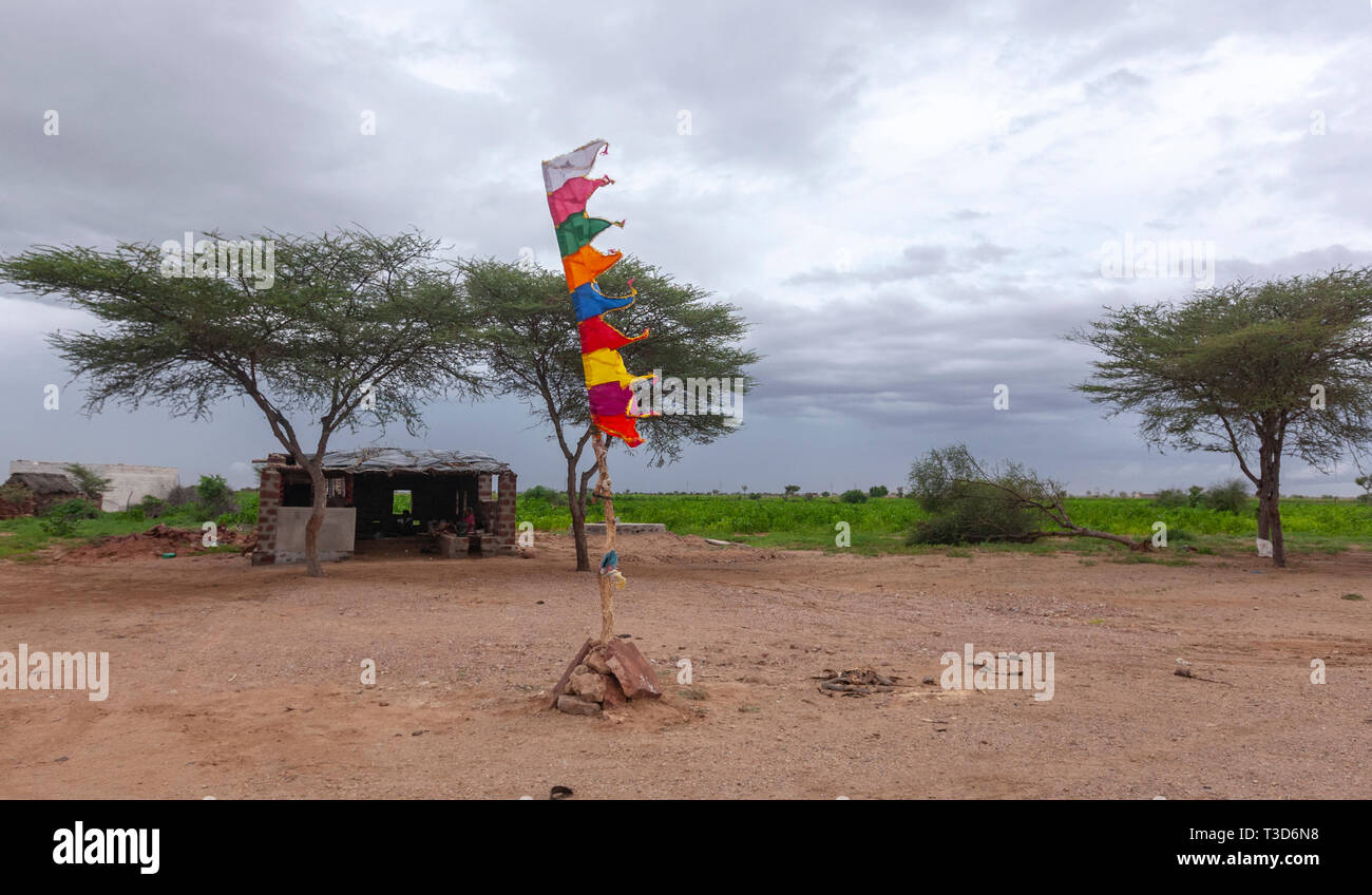 Pilgrims flags outside a resting place in Rajasthan, India Stock Photo ...