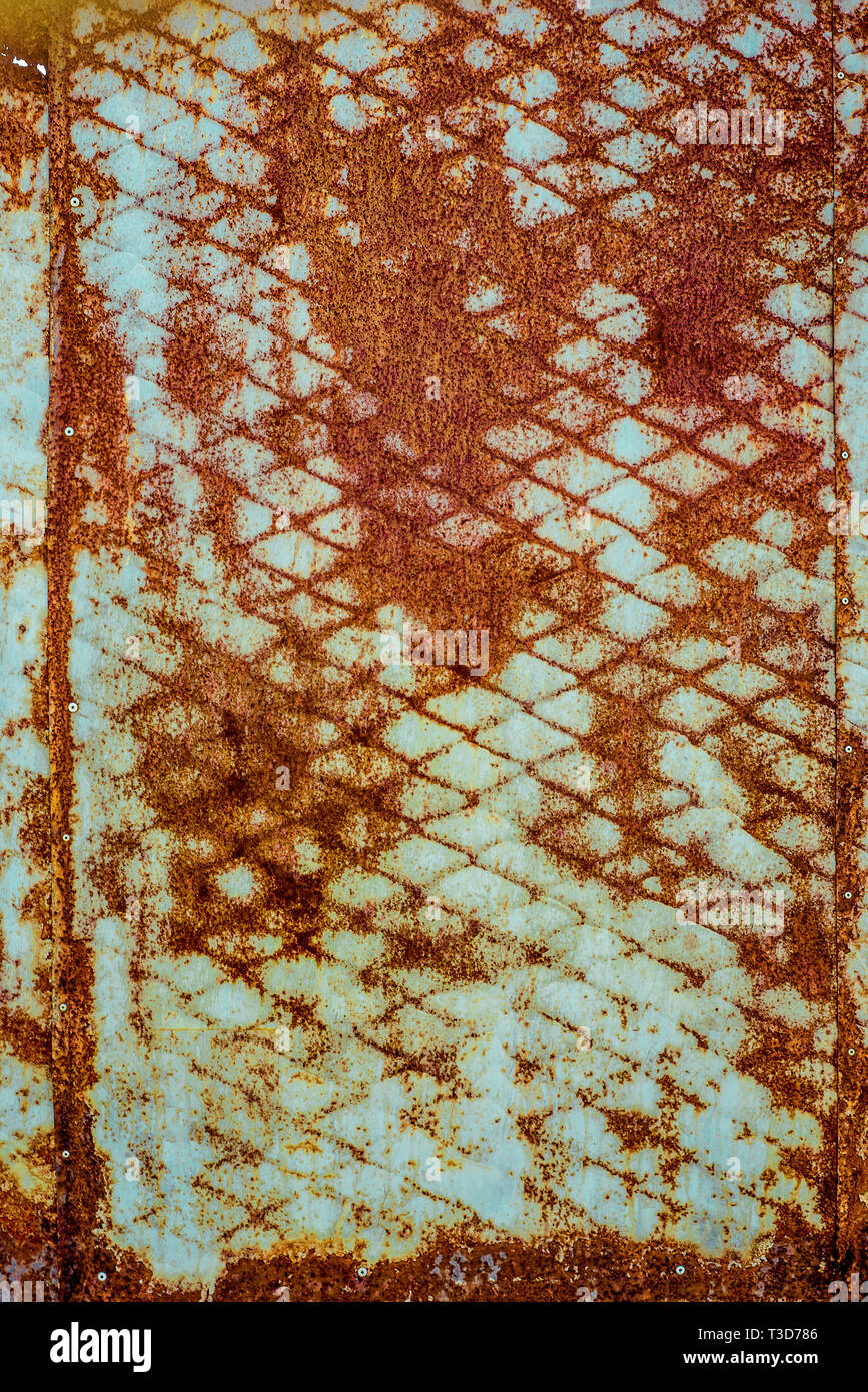 Texture of old rusty metal, painted white which became orange from rust ...