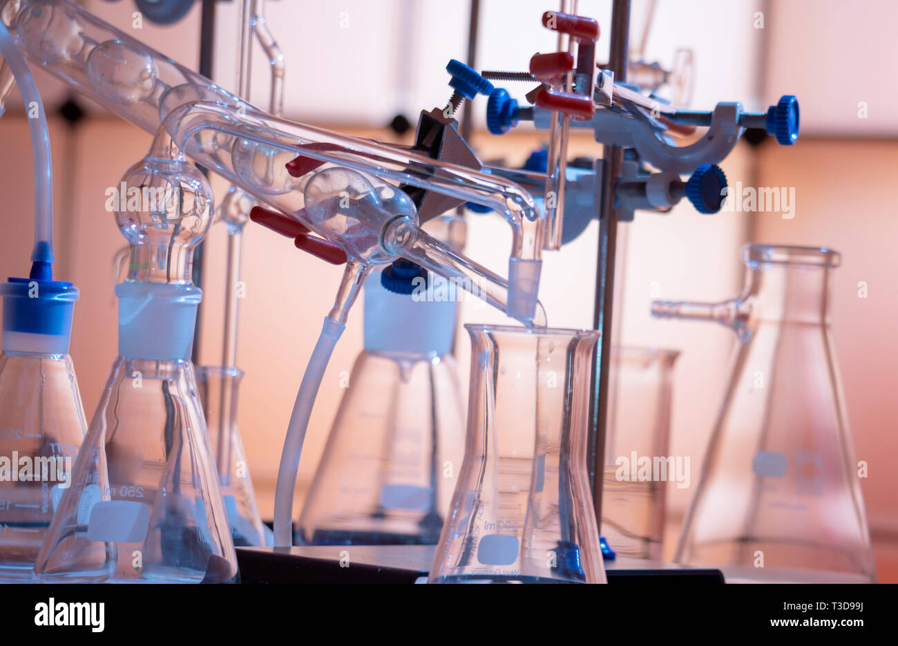 Glass instruments in the laboratory of chemical synthesis Stock Photo ...