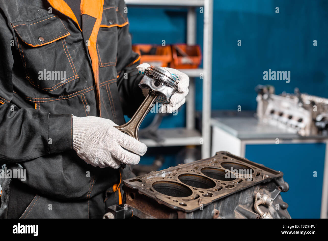Close-up of the disassembled engine on the stand. New cylinders. Motor ...