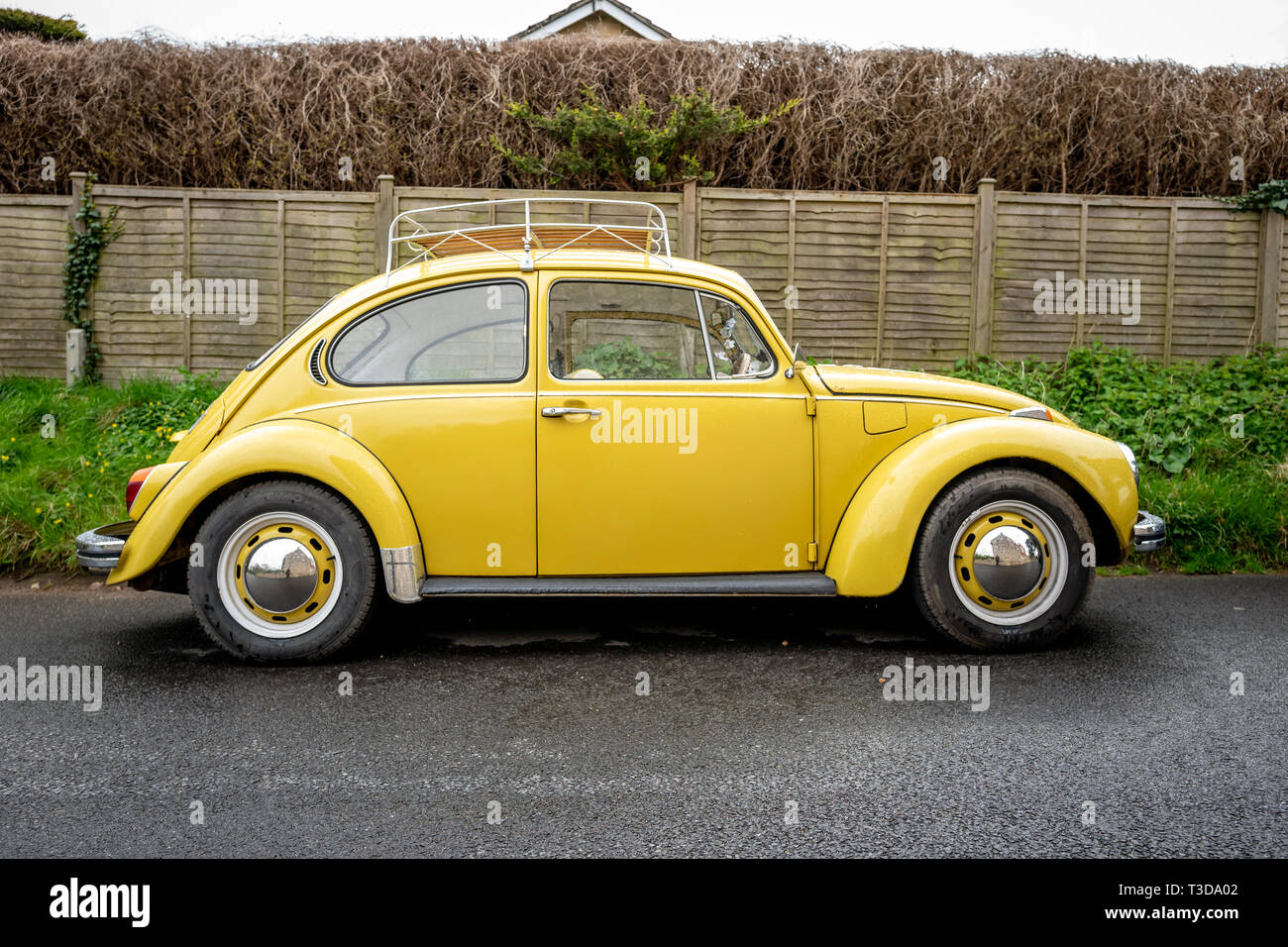 A yellow VW Beetle at Freshwater Bay on the Isle of Wight Stock Photo ...